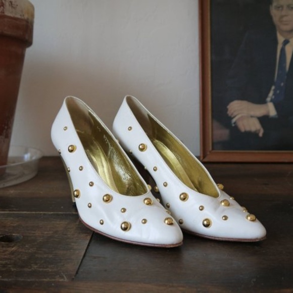 Escada | Shoes | Vintage Escada Gold Studded High Heel Shoes White ...